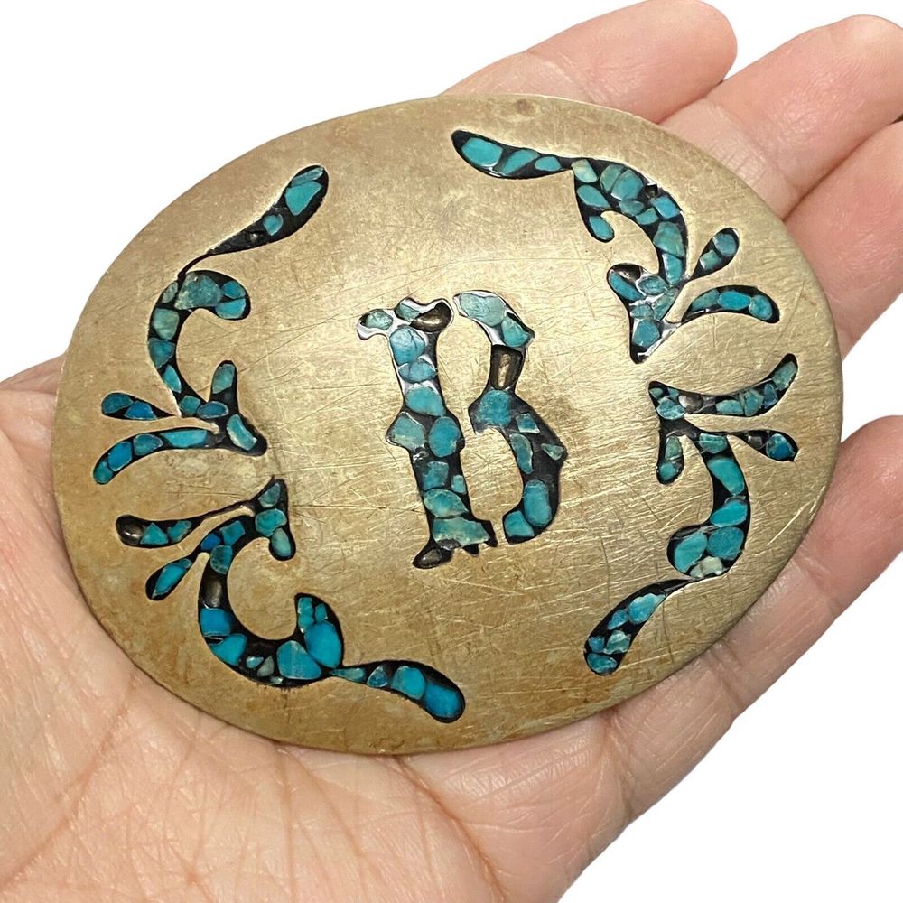 Vintage Fashion Turquoise Inlayed Letter B Oval Silve… - Gem